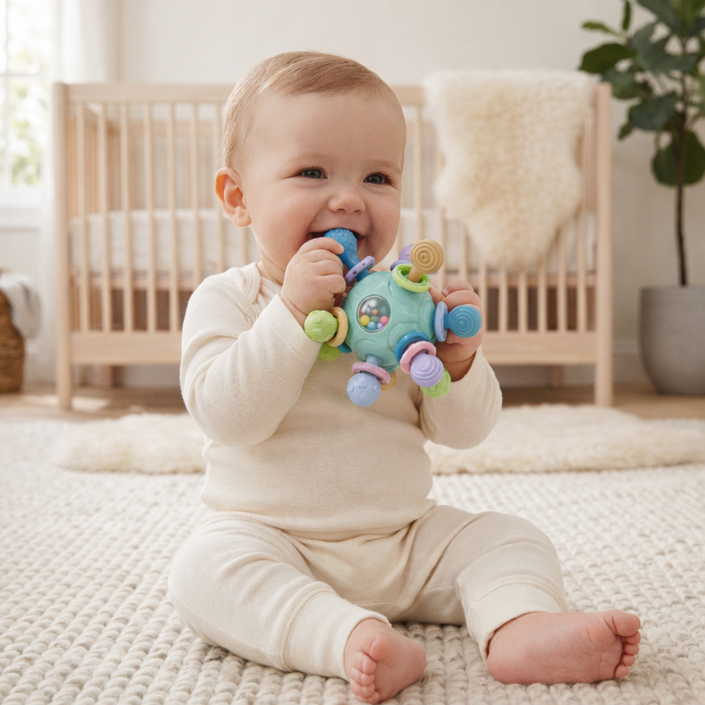 Discovery Loop Baby Sensory Ball | Silicone Teether & Rattle – Cuddleberry